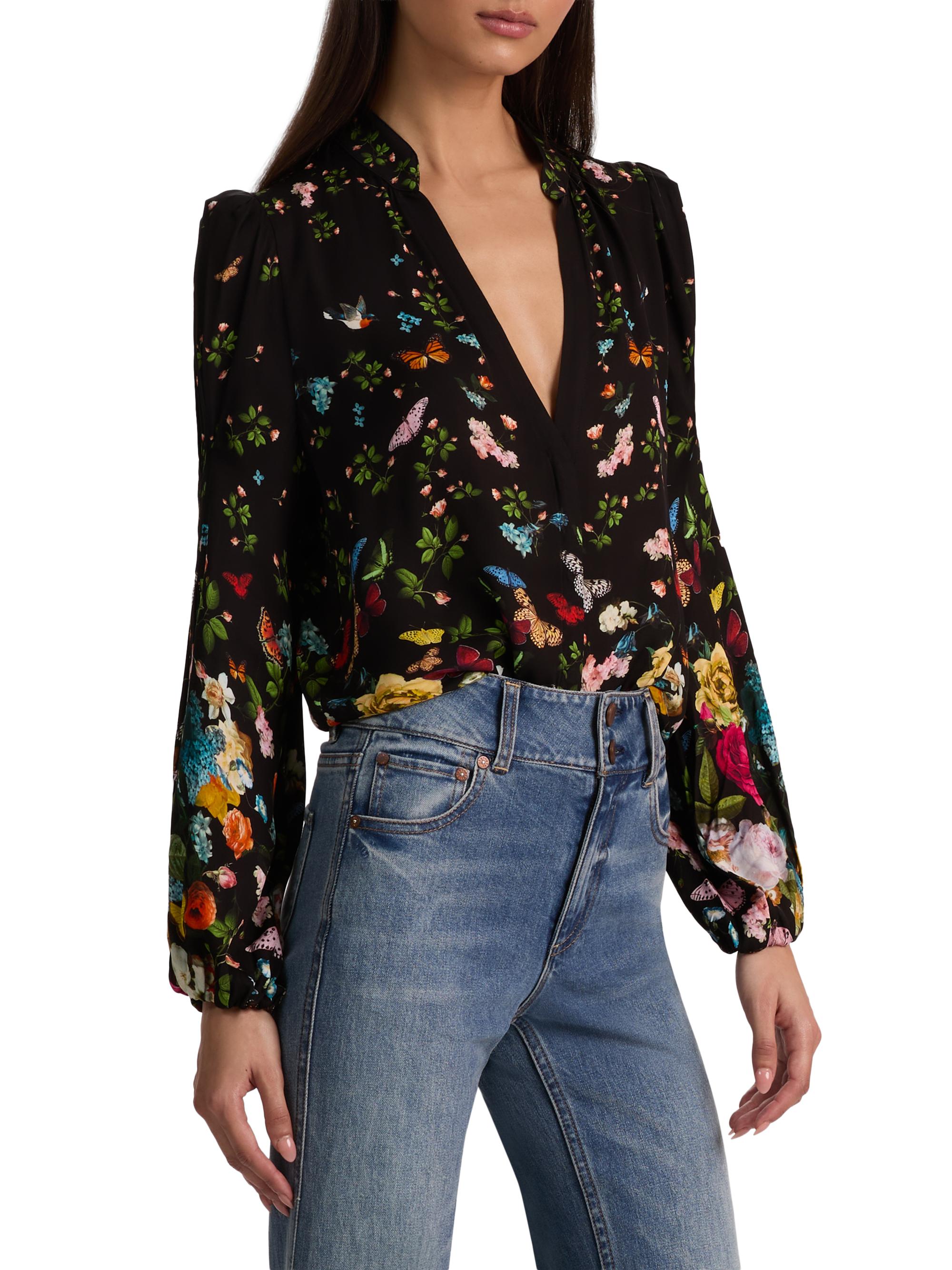 ALICE + OLIVIA Helen Floral Butterfly V-Neck Blouse | Saks Fifth Avenue