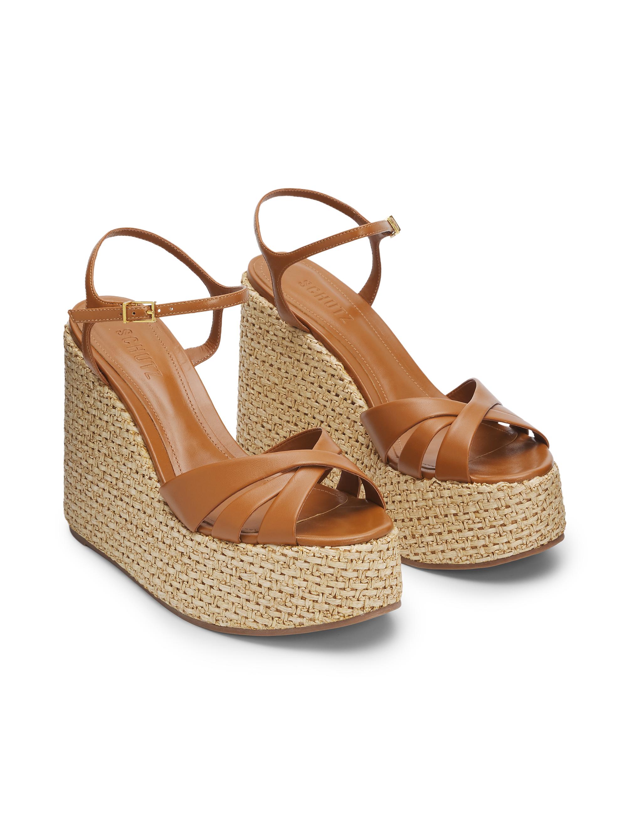 Schutz Keefa 120MM Leather-Raffia Wedge Sandals | Saks Fifth Avenue