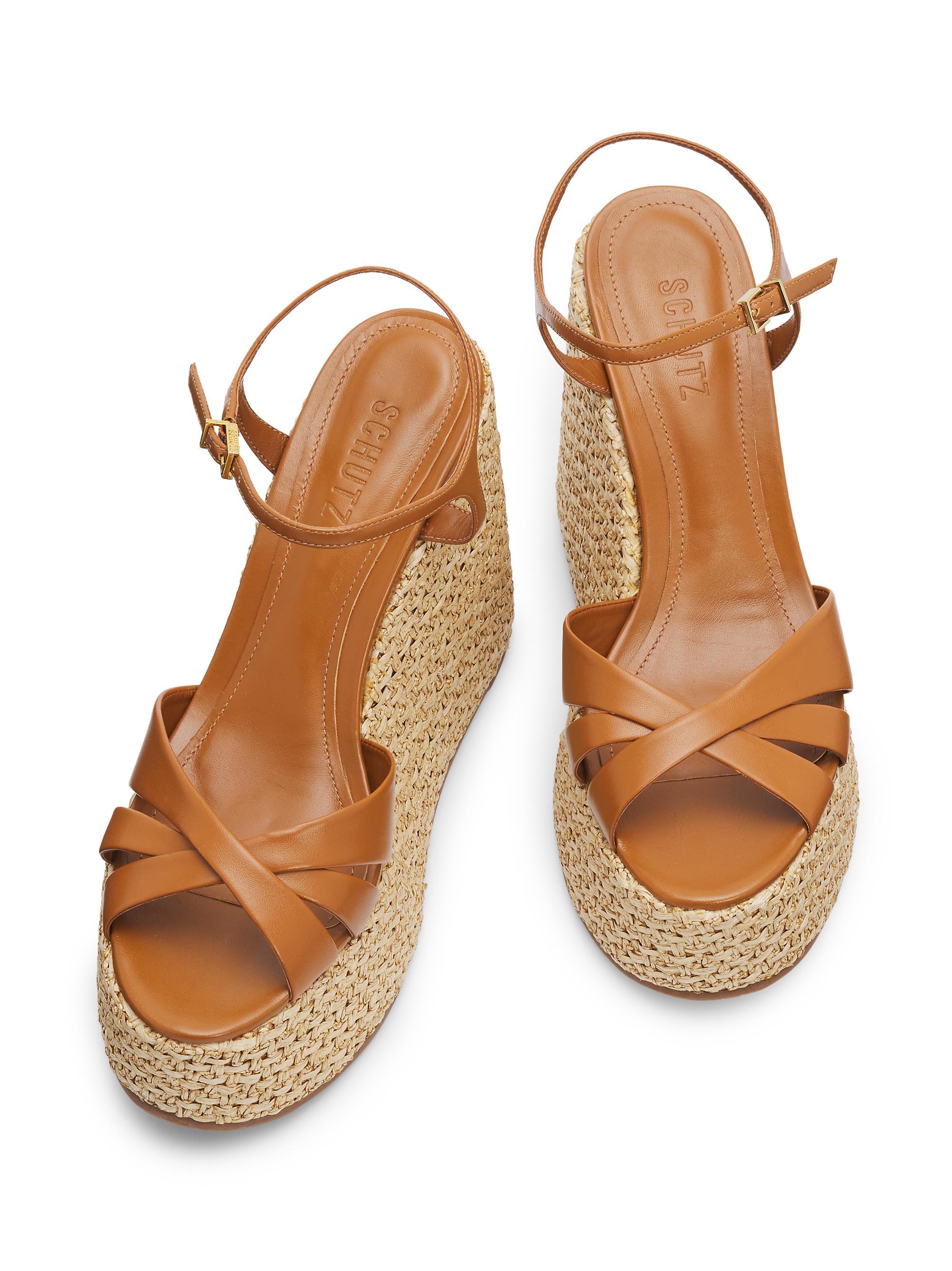 Schutz Keefa 120MM Leather-Raffia Wedge Sandals | Saks Fifth Avenue