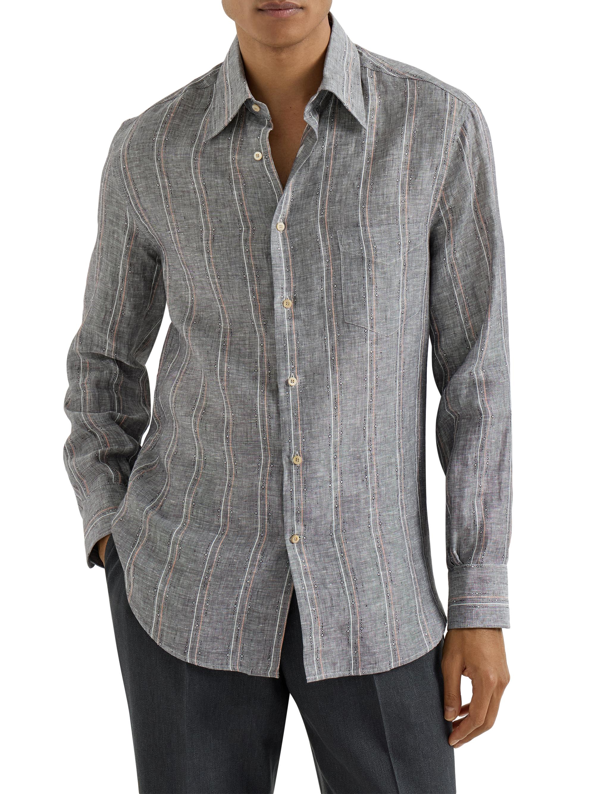 Brunello Cucinelli Textured Stripe Linen Easy Fit Shirt with Chest ...